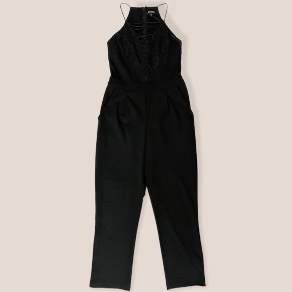 Express | Pants & Jumpsuits | Express Halter Lace Pieced Black Jumpsuit ...